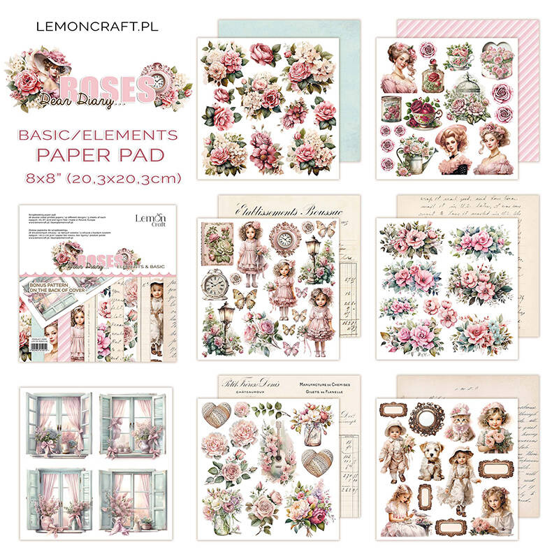 LEMONCRAFT 18Blatt 20x20cm doppelseitig Scrapbooking Papier 250g, Dear Diary Roses ...